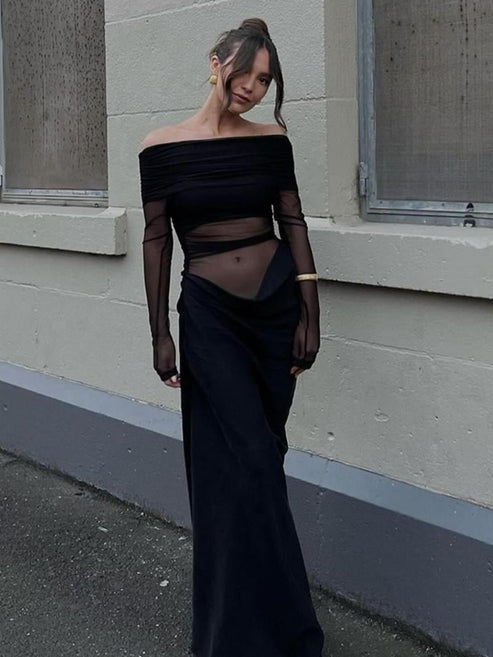 🔥49% OFF🔥Solid Color Off Shoulder Pleated Sheer Mesh Dress – uber7