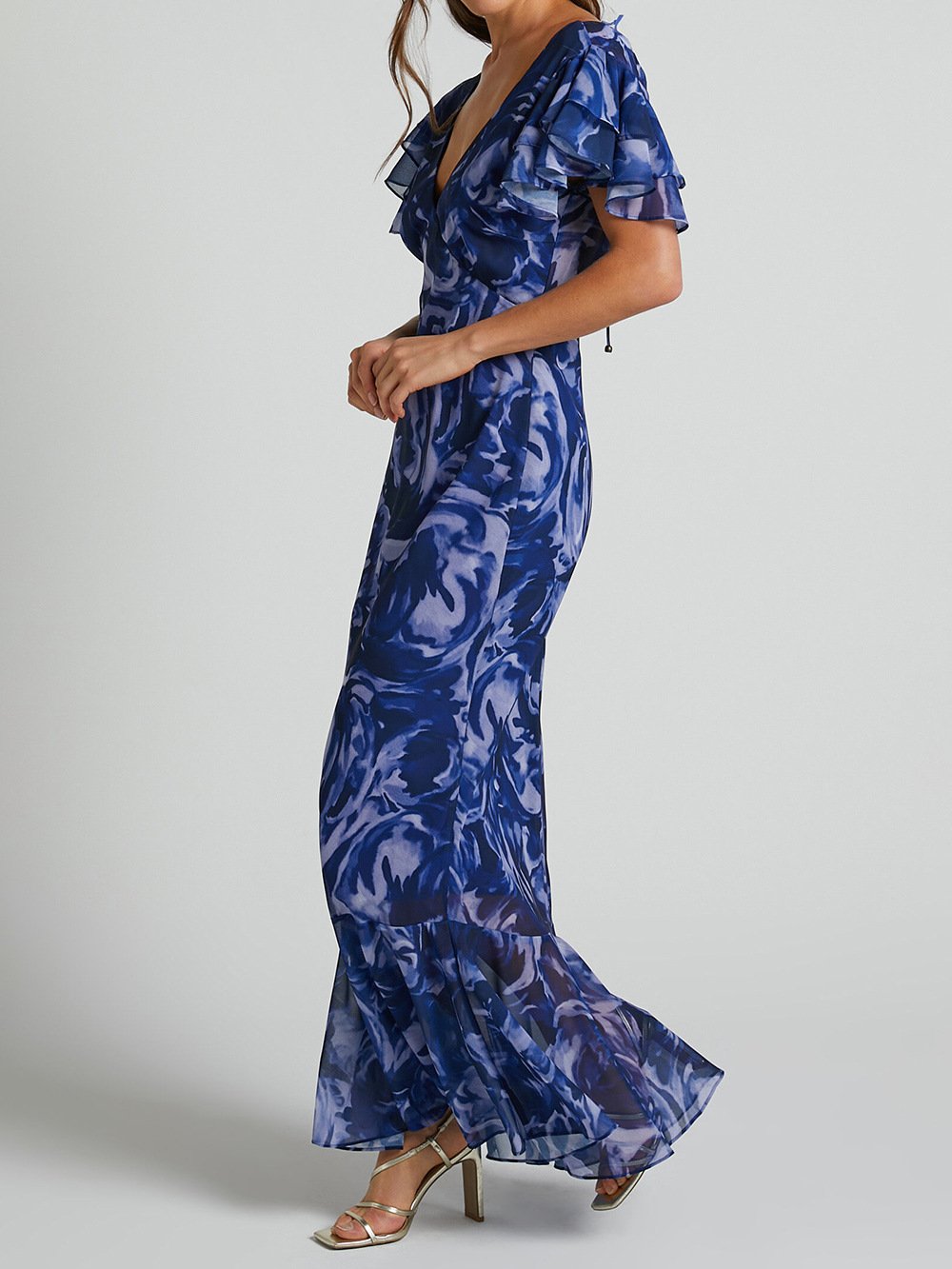 Navy Swirl V-Neck Flutter Sleeve Maxi Dress – uber7