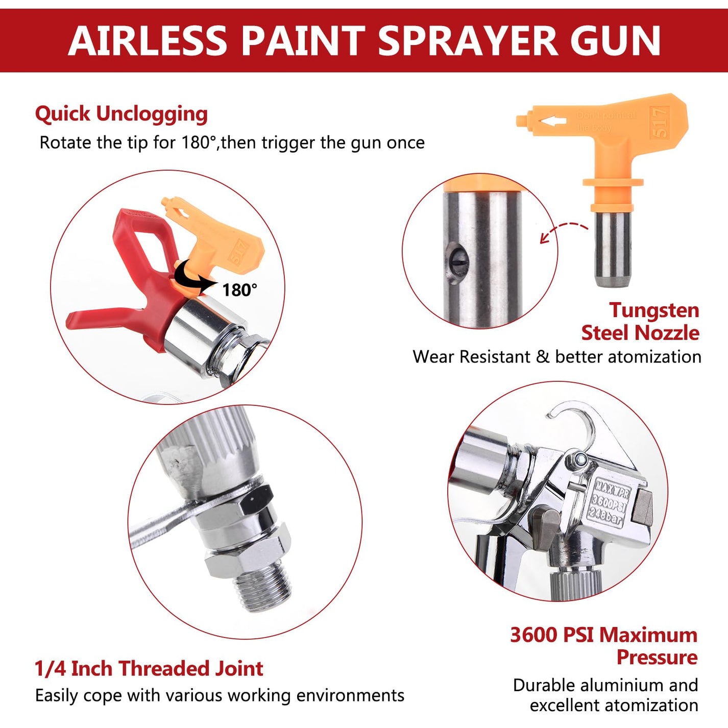 3600PSI Airless Paint Sprayer G u n High Pressure with 517 Yellow Spra ...