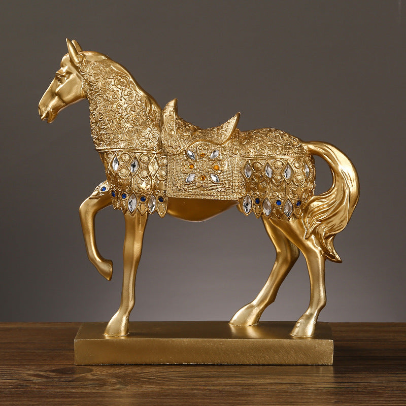 Luxury Diamond Horse Standing Statue, Golden Fortune Horse Statue Carv ...