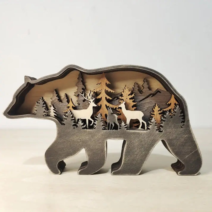 Multi Layer 3D Bear Wooden Carfts Wall Statue Freestanding Art Decor w ...